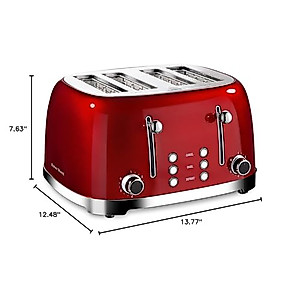 4 Slice Toaster Roter Mond Retro Stainless Steel Toasters with Bagel Defrost Cancel Function, 6 Browning Settings, Extre Wide Slot, Red