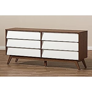 Baxton Studio Hildon Modern 6-Drawer Storage Dresser Mid-Century/Particle Board/MDF with PU Paper/White/Walnut Brown