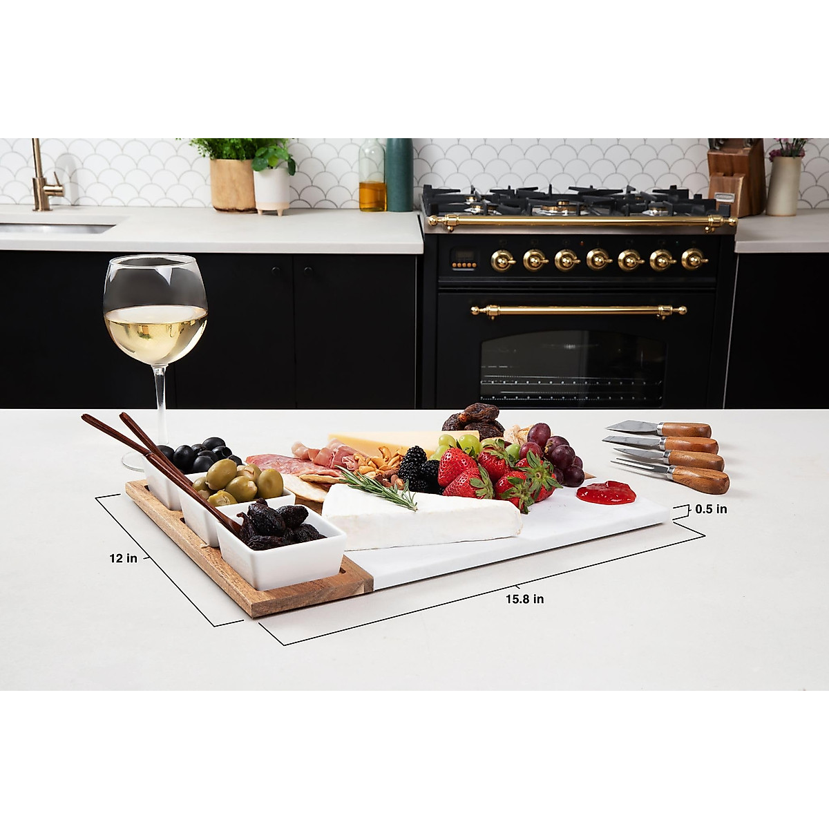 Acacia Wood and Marble Charcuterie Board Set - 11 Piece Cheese Board Serving Platter - Includes Knives, Bowls, Spoons - Gift Appetizer Board with Accessories - Housewarming and Holiday Unique Gift