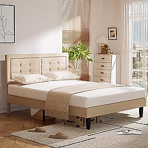 VECELO Queen Size Upholstered Bed Frame with Height Adjustable Fabric Headboard, Heavy-Duty Platform Bedframe/Mattress Foundation/Strong Wood Slat Support/No Box Spring Needed, Beige