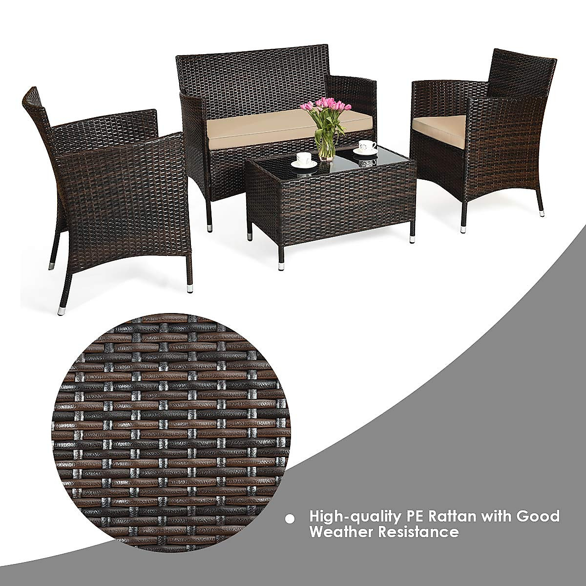 RELAX4LIFE 4-Piece Patio Furniture Set - Wicker Rattan Chairs w/Tempered Glass Coffee Table & Seat Cushions, Sofa Set for Garden Backyard Porch Balcony, Outdoor Conversation Set (Brown, 1)