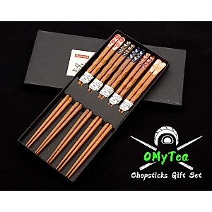 OMyTea Chopsticks Reusable - Japanese Wooden Chopsticks 5 Pairs Gift Sets, 9 Inch/23cm, for Sushi, Ramen, Noodles, Rice, Camping, Travel (Sakura Nails)