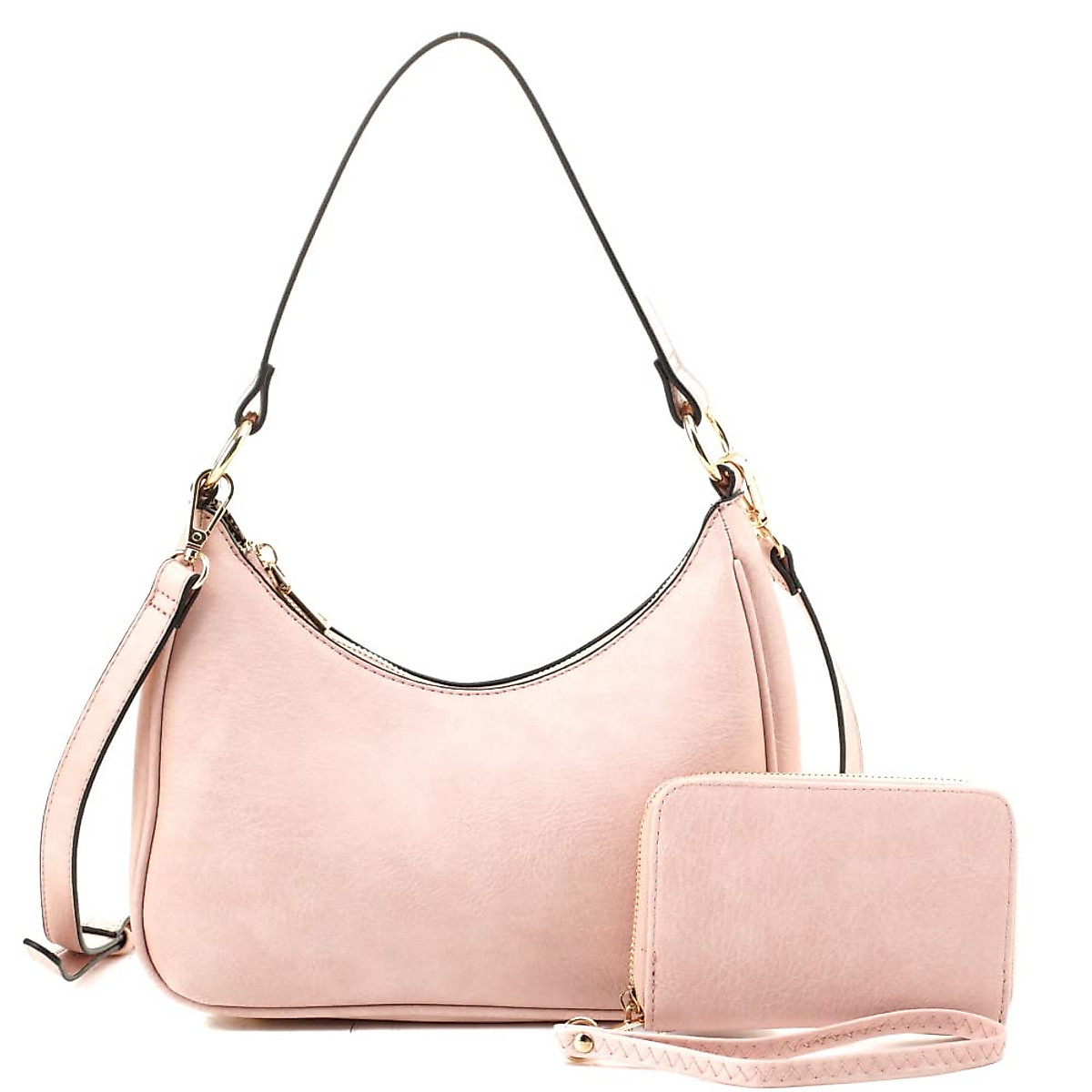 Vegan Leather 2 Way Medium Classic Retro Shoulder Bag Crossbody Purse Wallet Set (Khaki)