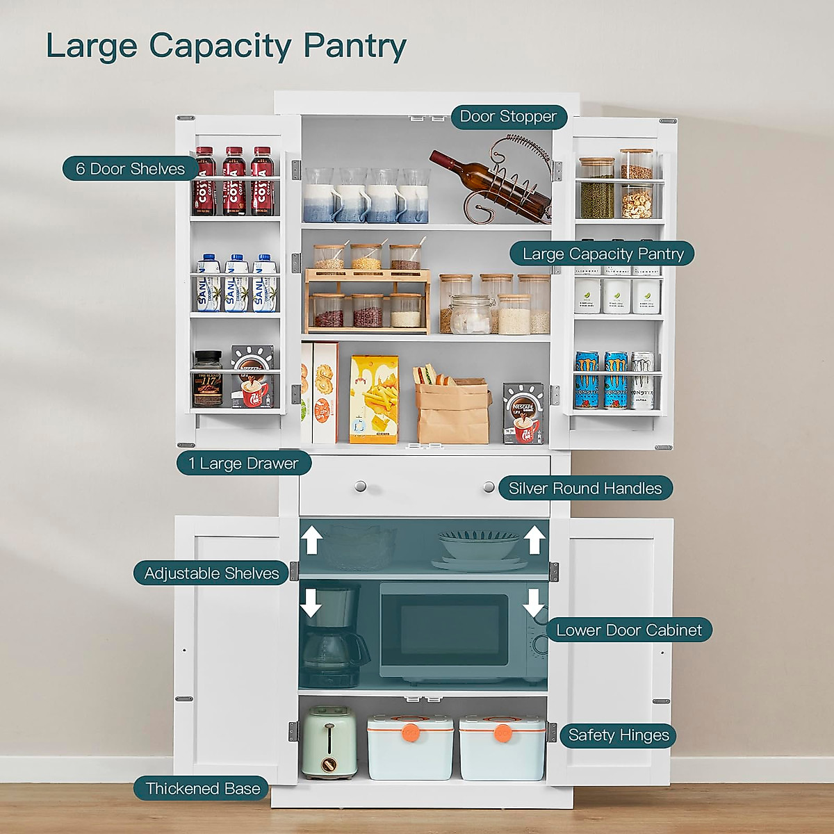 usikey 72” Kitchen Pantry Cabinet, Tall Storage Cabinet with 4 Doors and 1 Drawer, Cupboard with 6 Hanging Shelves and Adjustable Shelves for Kitchen, Dining Room, Living Room, White