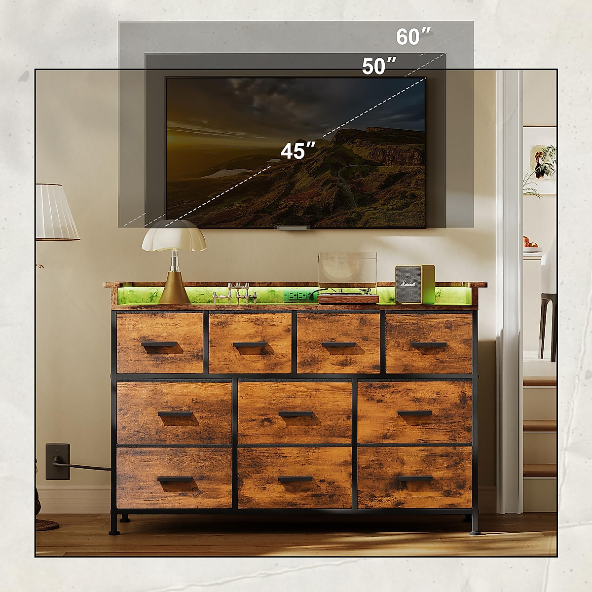 NASHZEN Dresser TV Stand with 10 Drawers, Dresser TV Stand with LED Lights & Power Outlets, Bedroom Makeup Dresser, Chest of Drawers up to 50'' Long TV, Wide Fabric Dresser with Shelf, Rustic Brown