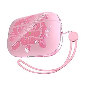 ROMSEA for AirPods Pro 2nd Generation Case Cover 2022, Rose Engraved Bling Floral Replacement Charging Case Cover for Women Shock-Absorbing Protective Case with Lanyard [Front LED Visible],Pink