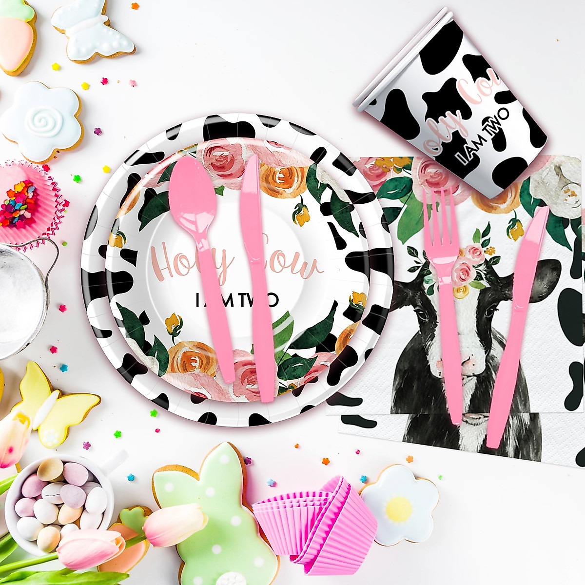 APOWBLS Moo Moo Im Two Birthday Decorations Tableware Girl - Cow 2nd Birthday Party Supplies, Plate, Napkin, Tablecloth, Fork, Holy Cow Two Year Old Birthday Party Decorations Dinnerware | Serve 24