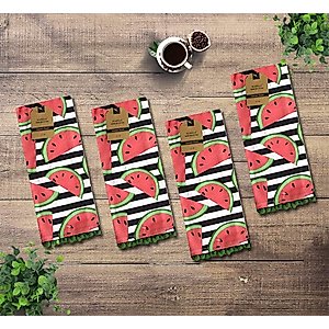 Set of 4, 100% Cotton Watermelon Design pom-pom Kitchen Towels Size: 16 x 28 Inch for Wedding, Baby Shower, Home Décor.