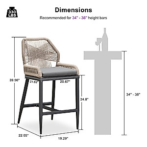 PURPLE LEAF Patio Sunbrella Counter Height Bar Stools 24" H Set of 2 Modern Rattan Bar Chairs Aluminum Stool Outdoor Wicker Barstools with Back and Cushion for Garden Kitchen Island
