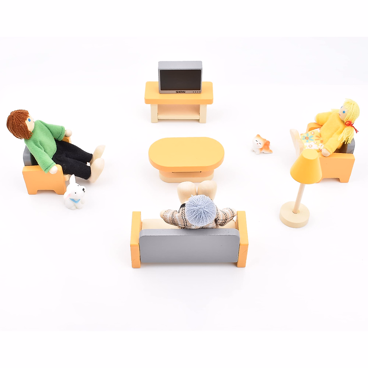 Jzszera Wooden Doll House People of 8 Miniature Figures and 2 Pets, Dollhouse Dolls Family Set- Dollhouse Accessories for Girls Toddler Kids Pretend Play and Imaginative Fun