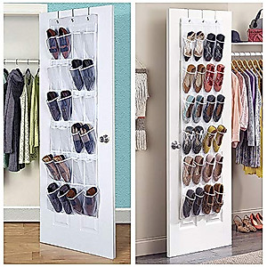 QUMENEY 24 Pockets Over the Door Shoe Organiser, Folding Hanging Organiser Shoe Racks with Hooks, Heavy-Duty Hanging Mesh Shoe Holder for Badroom, Bathroom, Wardrobe
