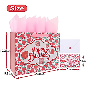 13” Large Strawberry Happy Birthday Gift Bag Set with Handles, Greeting Card, Tissue Papers and Stickers for Girls Kids Teens Women, Fruit Themed Birthday Design, 1 Pcs