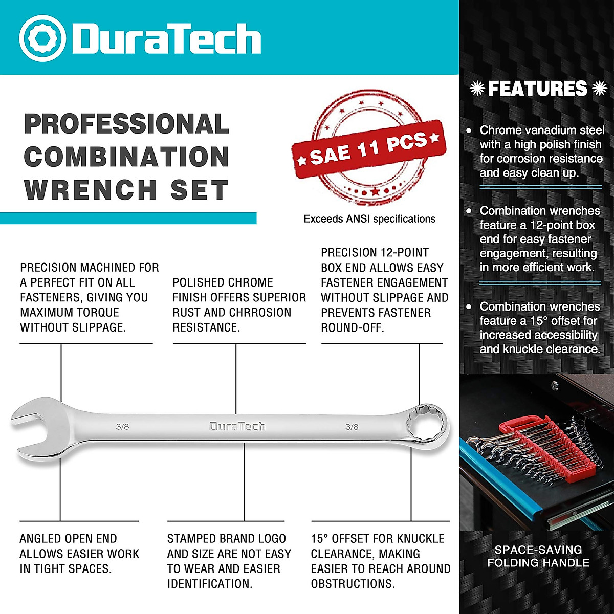 DURATECH Combination Wrench Set, SAE, 11-Piece, 1/4'' to 7/8'', 12-Point, CR-V Steel, Organized in Wrench Holder