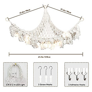 DSVENROLY Stuffed Animal Toy Hammock Macrame, Boho Large Toy Corner Hammock Organizer Display with LED Light, Hanging Stuffed Animal Toy Holder Net Tassel for Playroom Kid's Room Bedroom Nursery