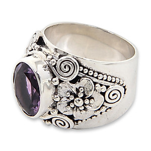 NOVICA Artisan Handmade Amethyst Cocktail Ring Floral .925 Sterling Silver Faceted from Bali Purple Single Stone Indonesia Birthstone 'Lilac Frangipani'