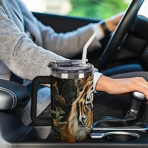 STVNKML 40 Oz Tumbler with Handle Jungle Tiger Stainless Steel Coffee Mug Reusable Travel Mug Leak-proof Insulated Car Cup Large Capacity Tumbler for Travel, Outdoor, Home Use (Black)
