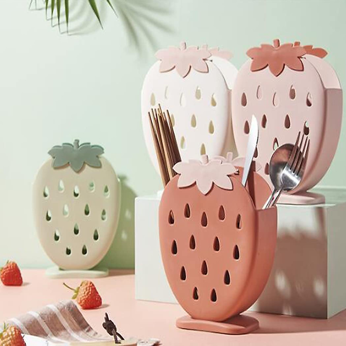 Hoshen Household Tableware /kitchenware Storage Cage, Kitchen Standing Chopstick Cage, Double-Compartment Drain Chopstick Cage，Strawberry Shape，Dark Blue