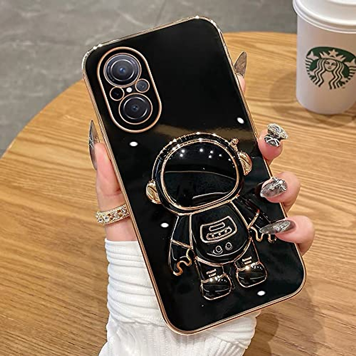 for Oneplus Nord N20 5G Case 6D Plating Astronaut Hidden Stand with Camera Cover,Luxury Glitter Soft TPU Bumper Cute Cartoon Folding Bracket Kickstand Phone Case for Oneplus N20 for Girls Women Black
