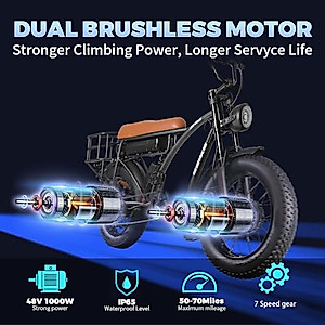 1CYCLE Electric Bike for Adults, 20" Fat Tire Electric Bikes, 2000W Dual Motor Ebike, Electric Mountain Bike, Commuting/Commuter City Bicycles with 48V 18AH Removable Battery, 7 Speed Gear (Grey)