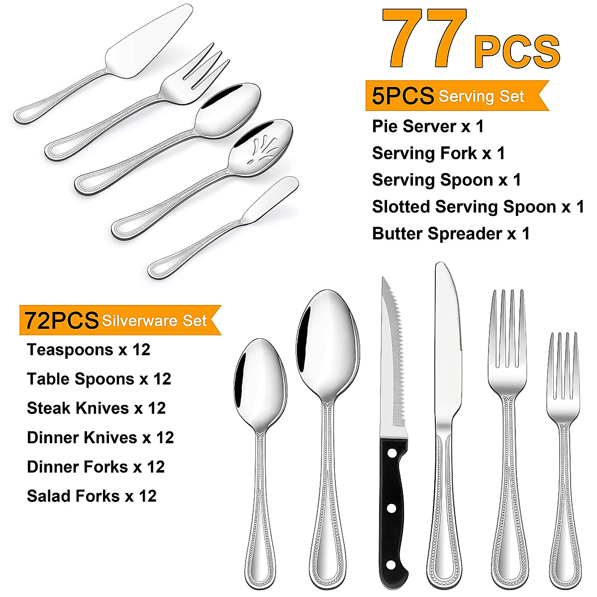 Homikit 77-Piece Silverware Set with Steak Knives and Serving Utensils, Stainless Steel Flatware Cutlery Set for 12, Modern Eating Utensil Tableware Sets with Pearled Edge, Include Knife Spoon Fork
