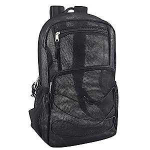 Deluxe Mesh Backpack with Bungee Cord & Adjustable Padded Straps, for Swimming, School, Travel (Black)