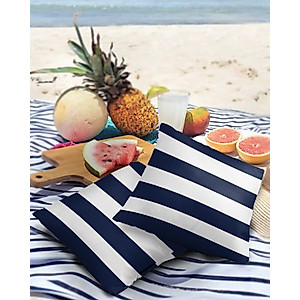Nautical Stripe Outdoor Waterproof Throw Pillow Covers, Decorative Pillowcases Polyester Cushion Covers for Garden Patio Tent Sofa Couch Pack of 2 16x16 inch, Navy Blue White Stripes