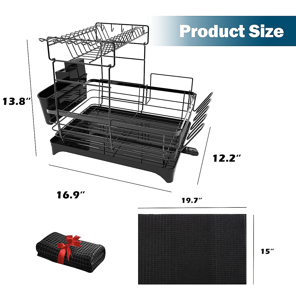 SHAINFUN Dish Drying Rack with Drainboard Set,2-Tier Dish Rack for Kitchen Counter,Rust Prevention Large Capacity Dish Drainer Organizer with Utensil Holder,Wine Glass Holder.