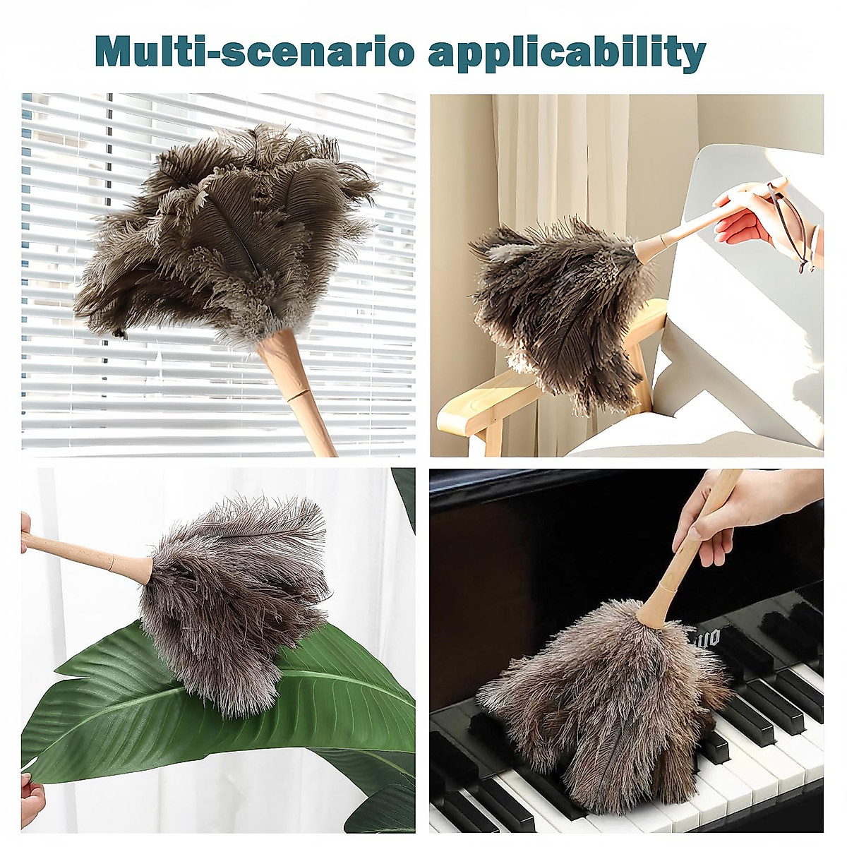 Genuine Ostrich Feather Duster Fluffy Natural with Wooden Handle and Eco-Friendly Reusable Handheld Cleaning Supplies, Gray and Brown(Length 16")