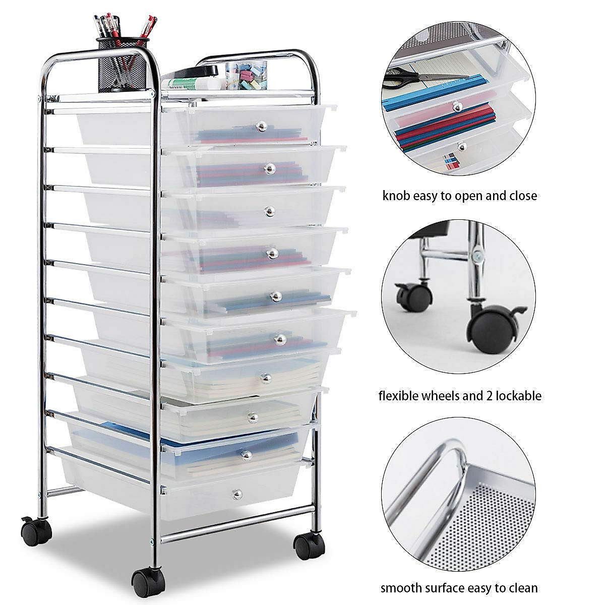 10 Drawer Storage Cart Rolling Cart File Scrapbook Paper Mobile Organizer for School Office (Clear)