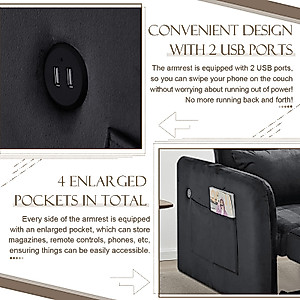 KINFFICT Velvet Pull Out Sleeper Sofa Bed with USB Ports, Convertible Futon Couch with Adjustable Backrest, 3 in 1 Modern Loveseat with 2 Pockets and Pillows, Small Love Seat for Living Room, Black