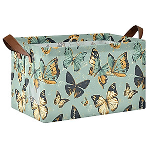 KUEJOP Mint Green Butterflies Rectangle Storage Bin, Decorative Collapsible Organizer Storage Basket with Handles for Home
