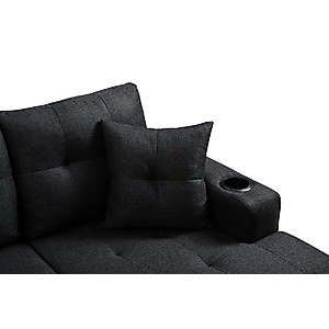 GINGVAT Modern Sectional Sofa for Living Room with Reversible Chaise Lounge and Two Cupholders, L-Shaped Couch with 2 Pillows, Black