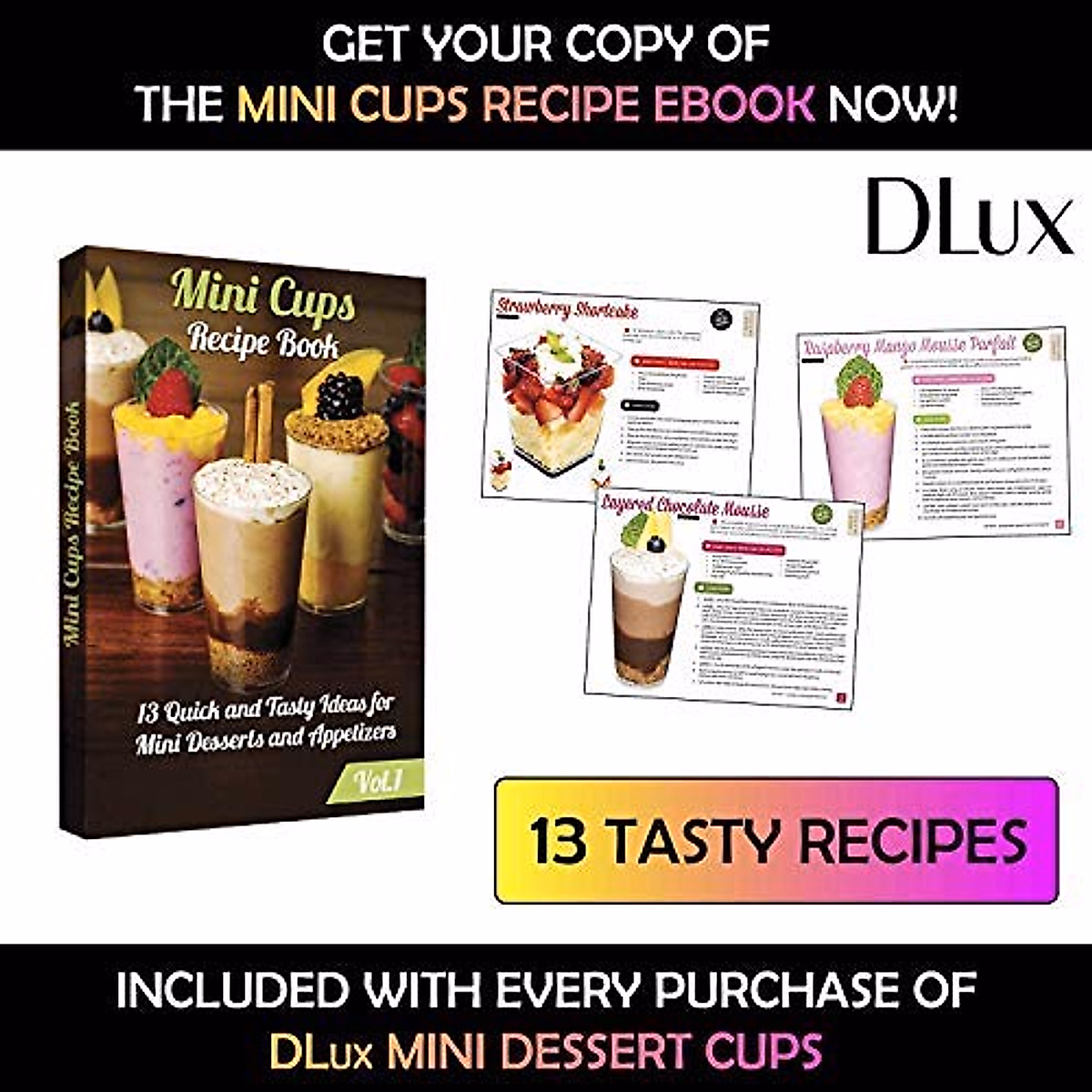 DLux 100 x 2 oz Mini Dessert Cups with Spoons, Square Short - Clear Plastic Parfait Appetizer Cup - Small Reusable Serving Bowl for Tasting Party Desserts Appetizers - With Recipe Ebook