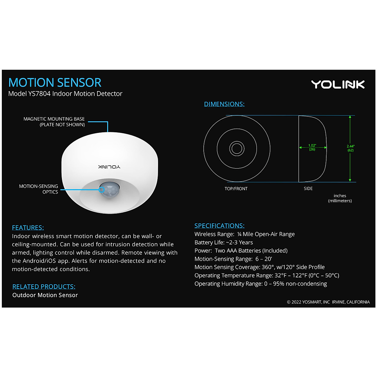 YoLink SpeakerHub & Two Motion Sensor Smart Home and Security Kit – Audio Hub Plays Tones/Sounds, Spoken Messages, LoRa-Powered ¼ Mile Range, WiFi Required