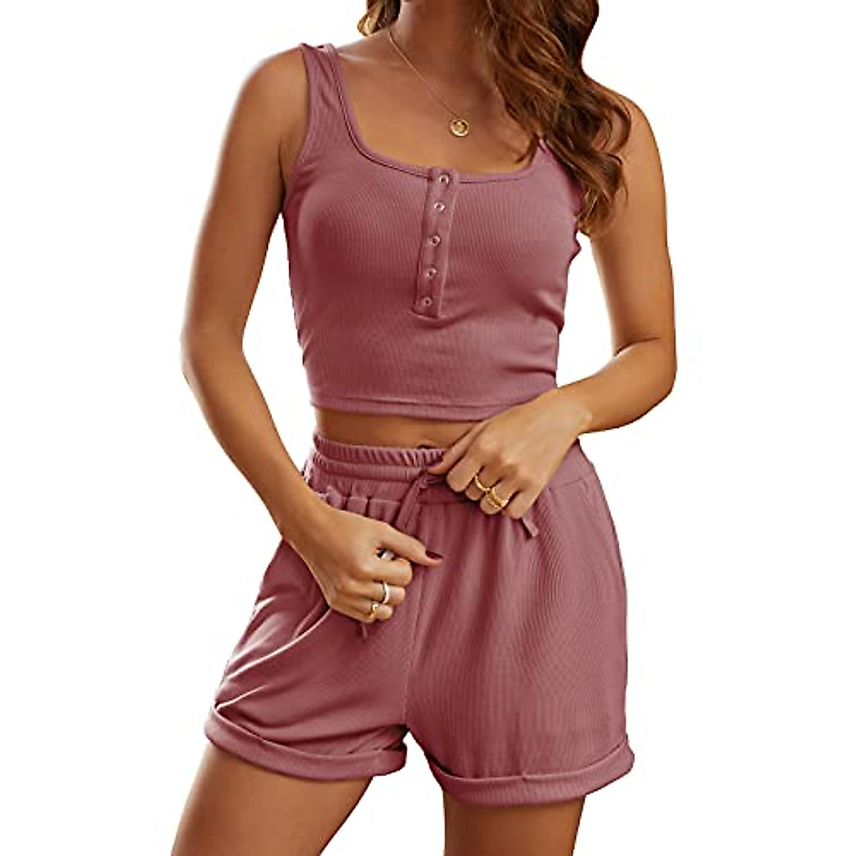 MEROKEETY Women's Summer Ribbed Pajama Set Crop Top and Shorts Sleeveless Lounge Outfits Sets with Pockets Maroon
