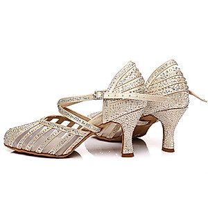 HROYL Women Closed Toe Ballroom Dance Shoes Low Heel Rhinestones Latin Salsa Modern Performance Practice Dancing Shoes YCL403-4.5 Beige, 9.5 B(M) US