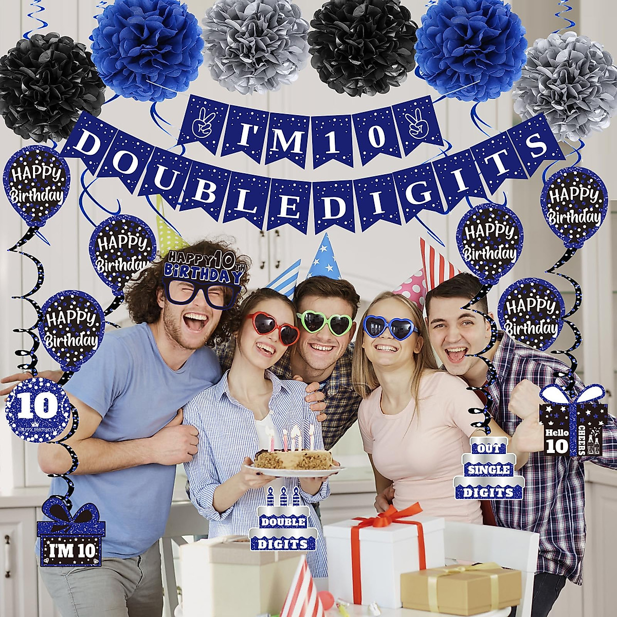 10th Birthday Decorations for Boys Girls, Blue I'm 10 Double Digits Banner Party Decorations, Happy 10th Birthday Decor Double-Sided Card Pompoms Hanging Swirl for Ten Years Old Boys Girls Gifts 45pcs