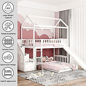 Bunk Bed with Slide, House Bunk Beds Twin Over Twin Stairway Bunk Beds Playhouse Bunkbed with Storage for Kids Toddlers Girls/Boys, White