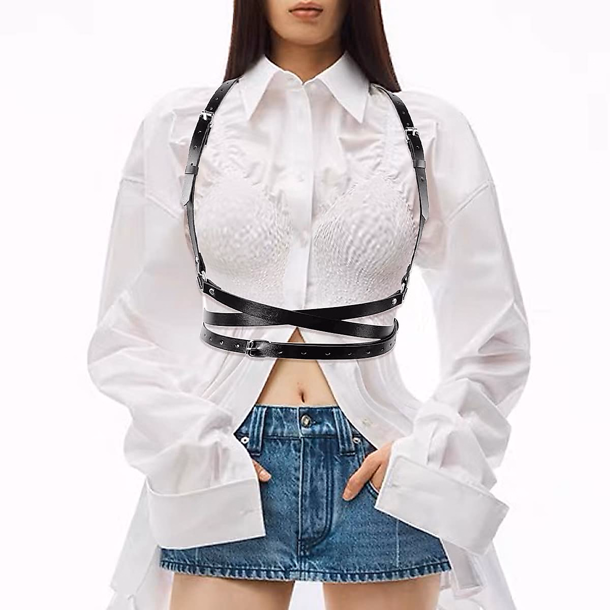 QRINA Punk PU Leather Waist Harness Belt Women Gothic Black Body Chest Strappy Festival Nightclub Rave Halloween Party (C-05)