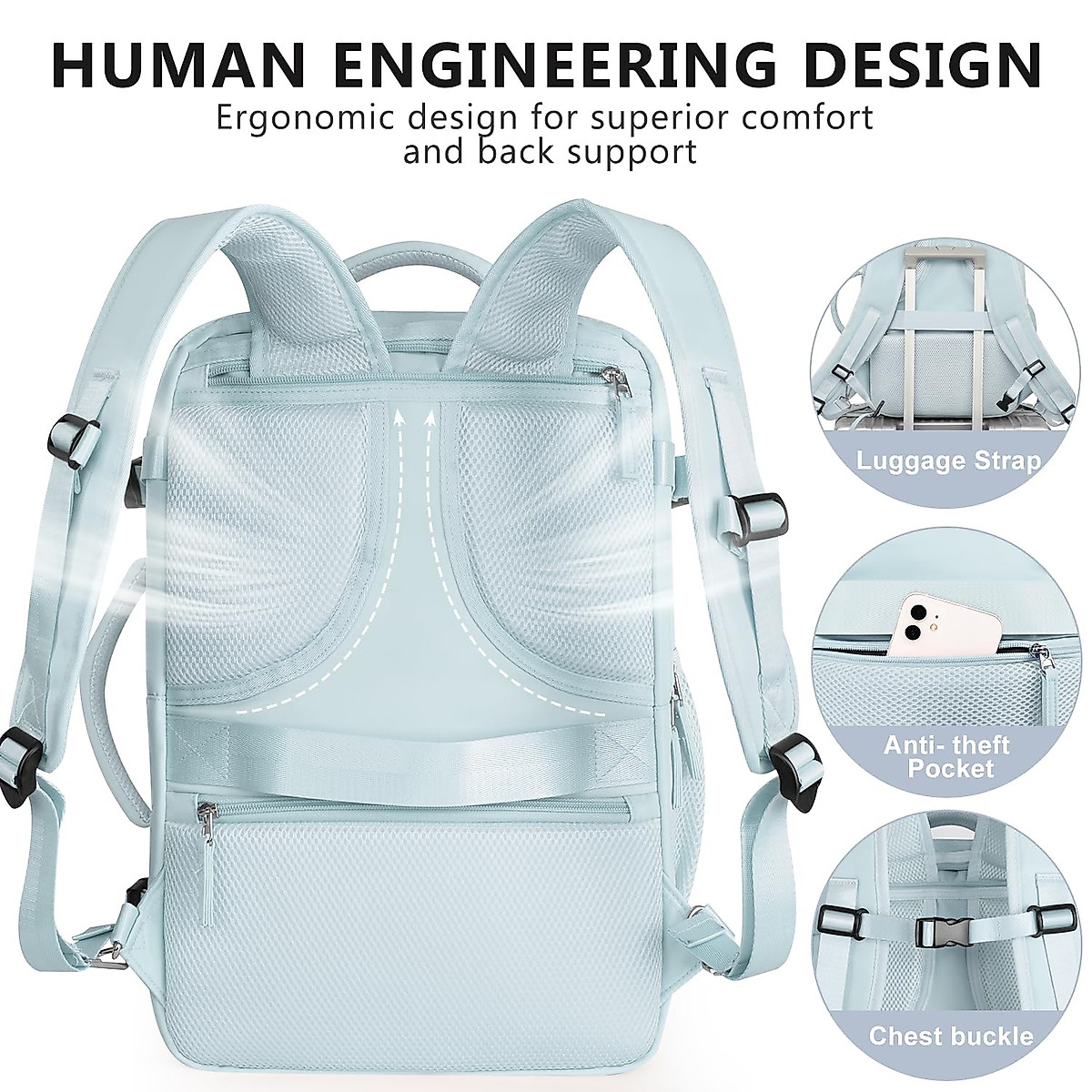 Snoffic Reliable Travel Backpack Men Women, Carry On Backpack Personal Item, Waterproof College Backpack, Business Work Hiking Casual Daypack Bag, Fits 17.3" Laptop, Light Blue