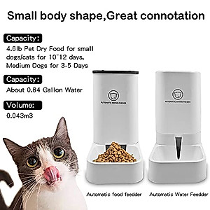 Pet Food Feeder and Water Feeder Set Self-Dispensing Gravity - Dog Automatic Feeders Cat Water Dispenser for Large Middle Small Cats Dogs Kitten Puppy, White, 11.4X5.8X10.8 inch