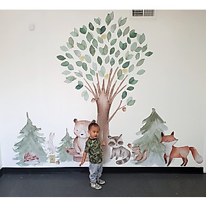 InnovativeStencils Woodland Watercolor Wall Decal Oak Pine Tree Animal Creatures - Bear, Fox, Raccoon, Rabbit, Squirrel, Porcupine Fabric Nursery Decals #3061 (84" Tall Tree (Including Leaves))