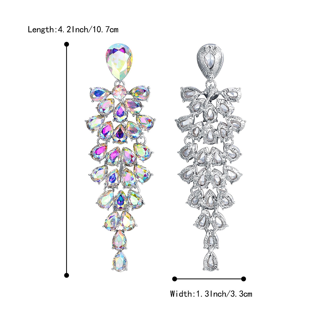BriLove Women's Wedding Bridal Dangle Earrings for Party Prom Crystal Multi-Layer Teardrop Cluster Bling Jewelry Iridescent AB Silver-Tone