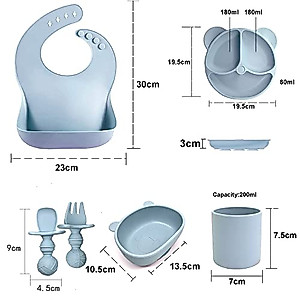TINGGNIT 6pcs Silicone Baby Feeding Set, Silicone Bib, Toddler, Bowl, Straw Cup with Suction Baby Plate Fork&Spoon Baby Eating Supplies, Baby Plates With Suction,Baby Gifts,(Dust Blue）