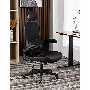 Ergonomic Mesh Office Chair High Back Desk Chair for Big and Tall People Adjustable Headrest with 2D Armrest Lumbar Support and PU Wheels Swivel Tilt Function Black (Black with Nylon Base)