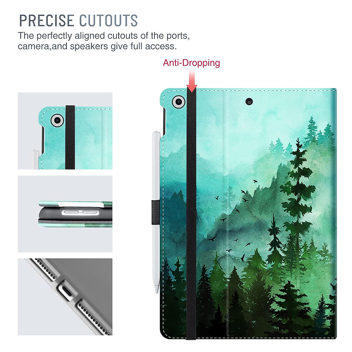 iPad 9th Generation Case, iPad 10.2 Case for iPad 9th/8th/7th Generation, 10.2 Inch iPad Case Girls Women, iPad 9th Gen Multi Viewing Case with Hand Strap/Pocket, [Built in Pencil Holder], Forest