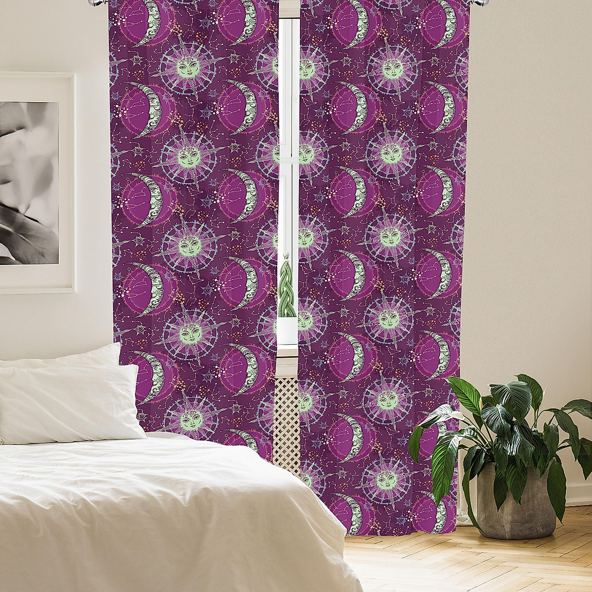Lunarable Sun and Moon Window Curtains, Celestial Fantasy Composition with Constellations on Purple Backdrop, Lightweight Decor 2-Panel Set with Rod Pocket, Pair of - 28" x 63", Multicolor