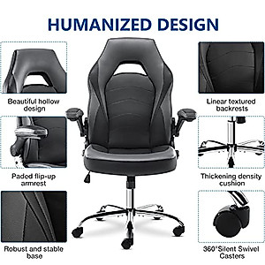 ZUNMOS Home Gaming Ergonomic Office Flip-up Armrest and Height Adjustable Desk Splicing PU Leather Computer Chair with Lumbar Support, Grey