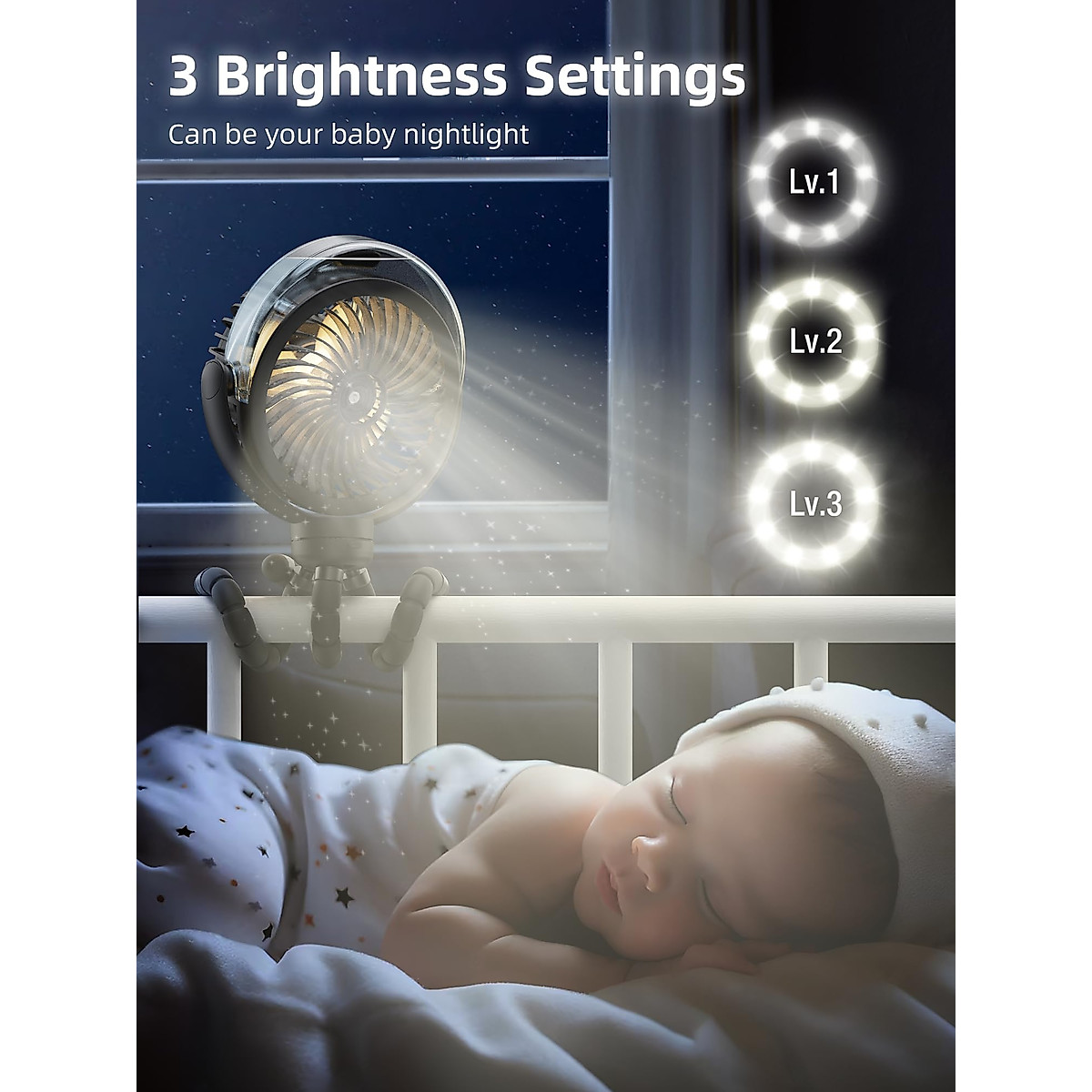 Misting Stroller Fan, 6000mAh Battery Operated Portable Fan with Light & 360° Pivoting, Personal Fan with Flexible Tripod for Baby, Office, Travel,Treadmill,Outdoors