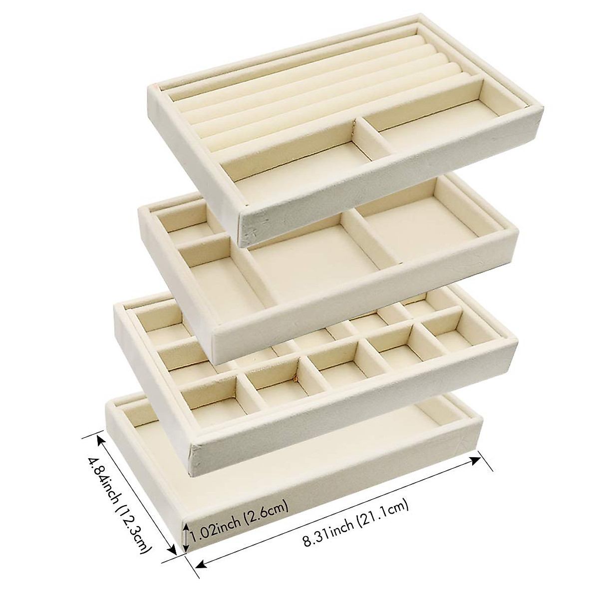 MINGRI Jewelry Organizer Trays,Earring Holder Tray Stackable Velvet Drawer Organizer Tray for Necklace,Ring,Bracelet Brooch Watch,Jewelry Storage Display Case Insert for Women Girls Set of 4 (Beige)
